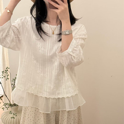 天丝拼接假两件八分袖衬衫女