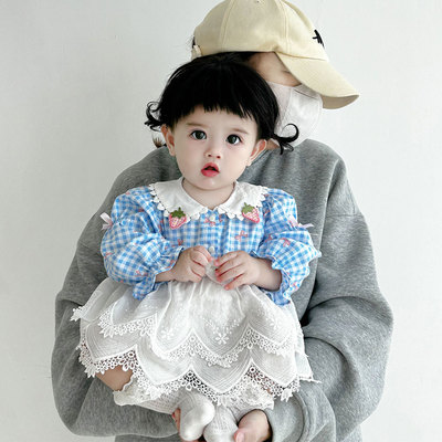 婴儿格子刺绣裙摆包屁衣