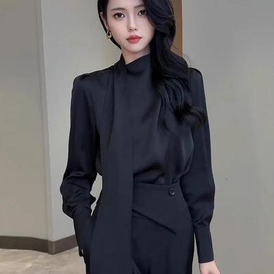 法式轻奢缎面长袖衬衫女春2025新款别致绝美飘带拼接设计气质上衣