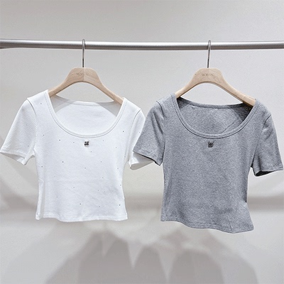 MWGC80302摩萨克女装2026年春季新款基础百搭烫钻修身休闲短袖T恤