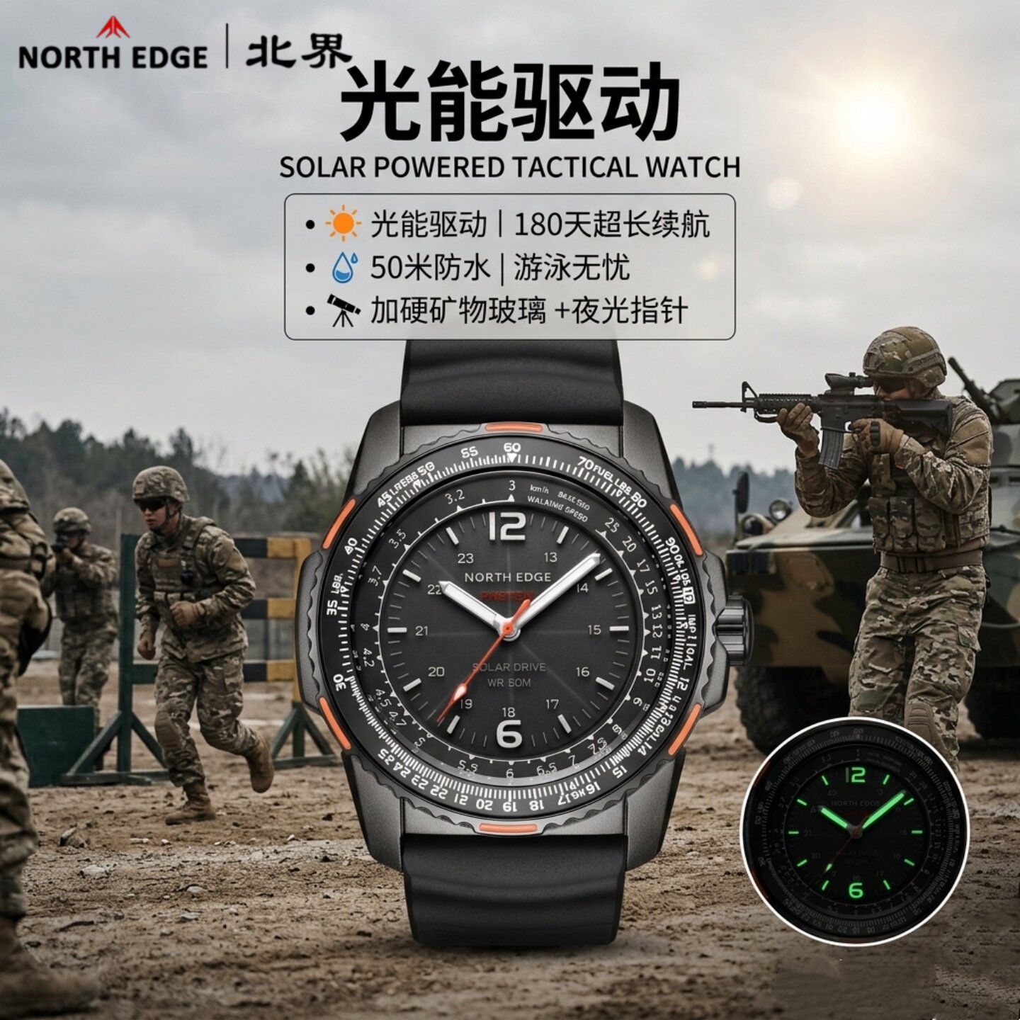 NORTH EDGE光动能驱动手表男士户外运动防水夜光腕表