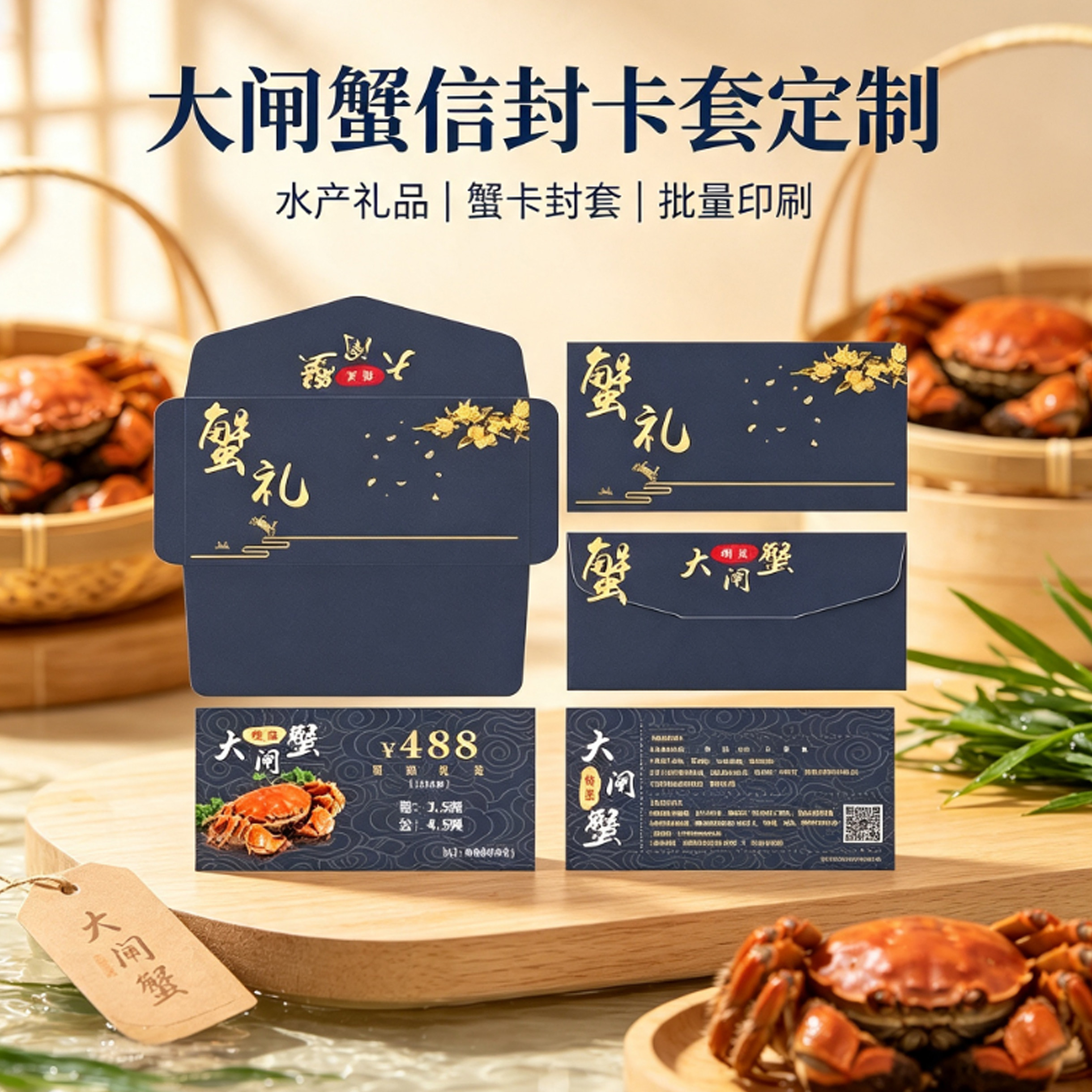 大闸蟹信封卡套定制海鲜水产品礼品信封卡套提货券设计定制印刷
