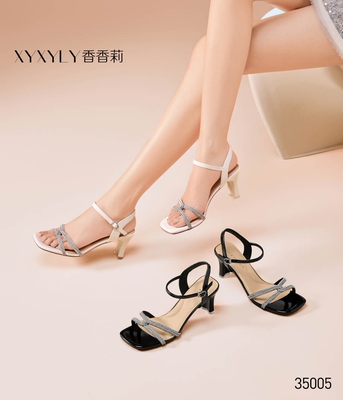 香香莉女鞋2026夏季新款35005水钻一字带凉鞋女方头高跟宴会鞋女