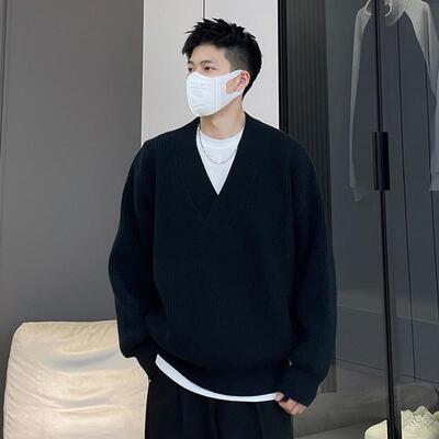 YOA秋冬新款高级感大V领毛衣男长袖慵懒针织打底衫情侣线衣M24375