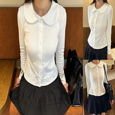 跨境长袖开衫娃娃领针织Cardigan