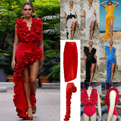 跨境女大荷叶花边连体泳衣半裙套