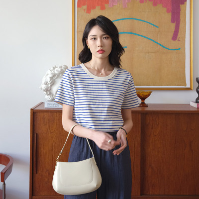 然若 纯棉色织 蓝色条纹正肩短袖T恤女2026新款宽松直筒内搭上衣