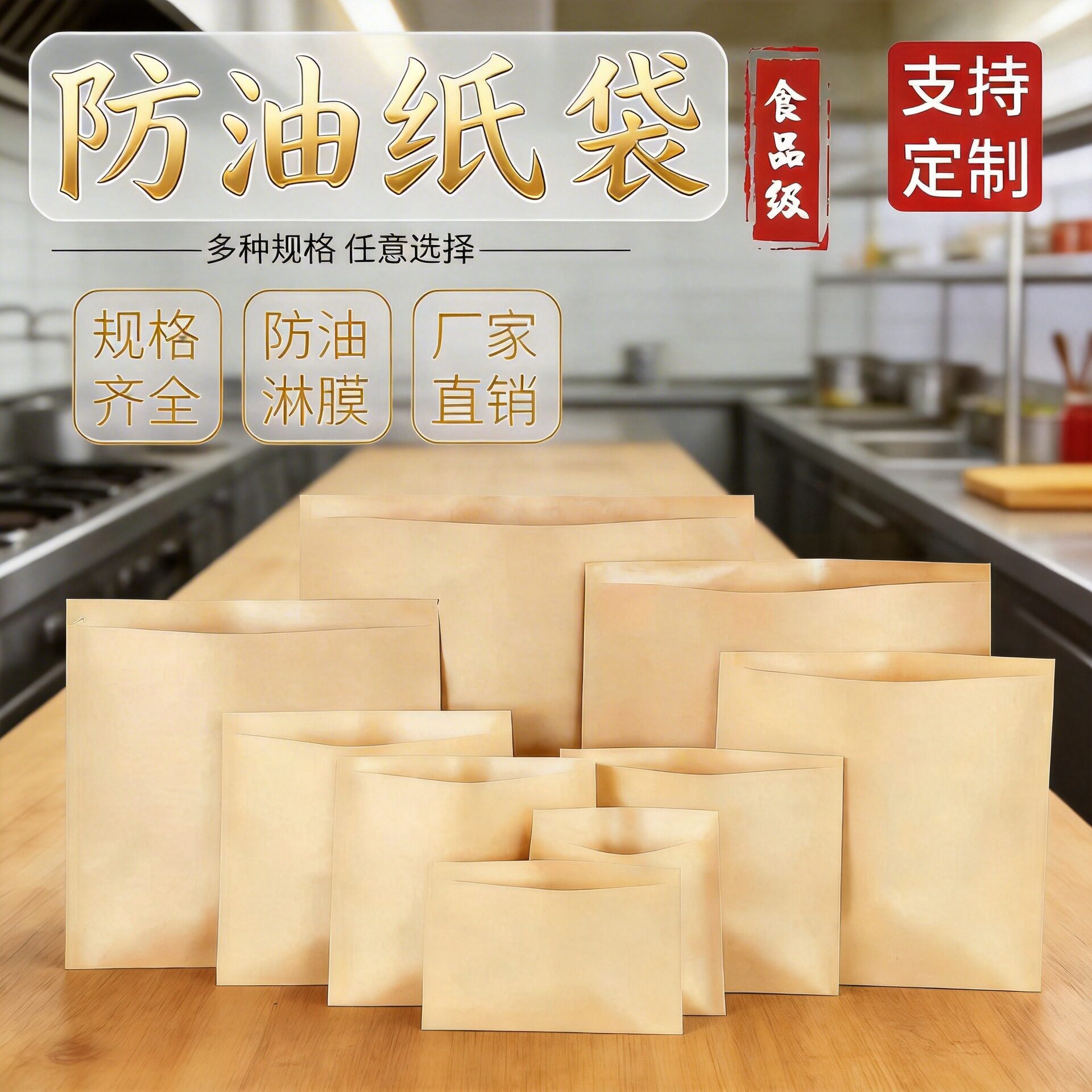 牛皮纸薯条小吃防油纸袋定做一次性煎饼薯条鸡排烤肠打包袋子定制