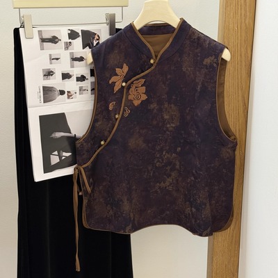 复古盘扣立领刺绣斜襟绑带马甲