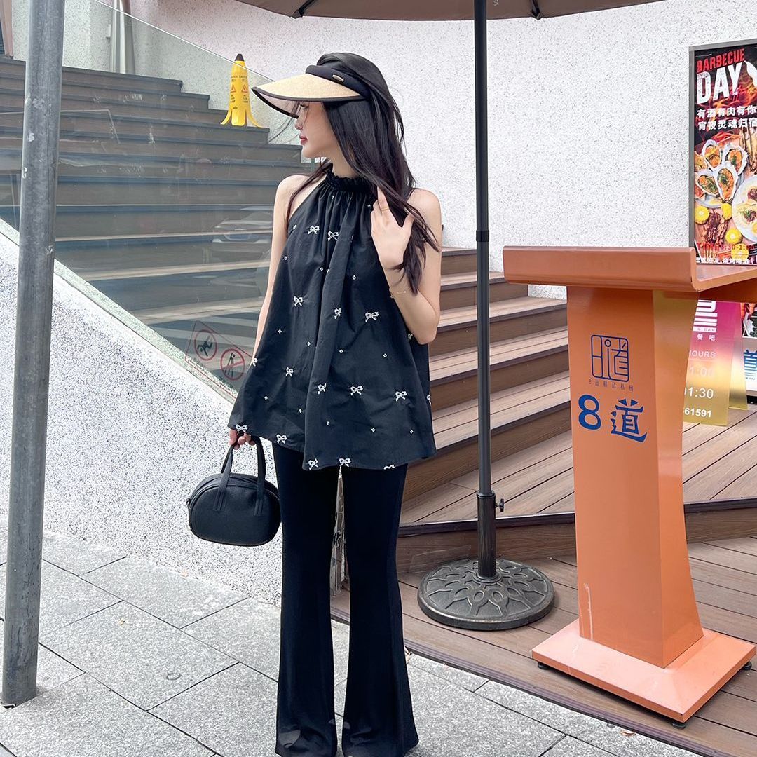 法式印花无袖衬衫女夏季新款吊带设计感小众薄款锁骨挂脖上衣ins