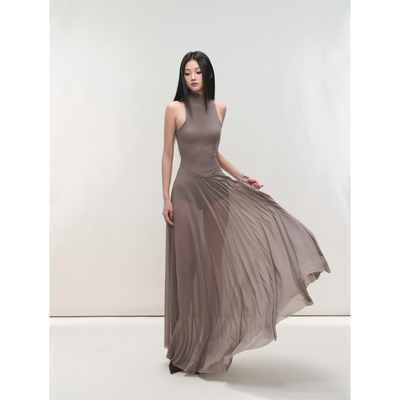 微透网纱拼接连衣裙女性感背心裙