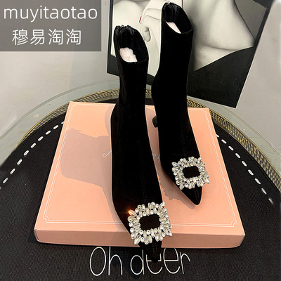 性感高跟尖头水钻方扣弹力短靴