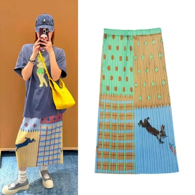 三宅风2026夏季新款童趣多巴胺猫咪印花半身裙女褶皱直筒甜豆裙女