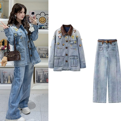 牛仔棉服2025冬季新款复古重工钉珠花朵宽松外套女腰带磨毛牛仔裤