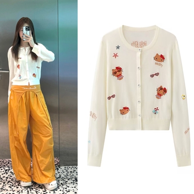 2026夏季新款复古卡通刺绣圆领冰丝针织开衫女宽松百搭毛衣外套