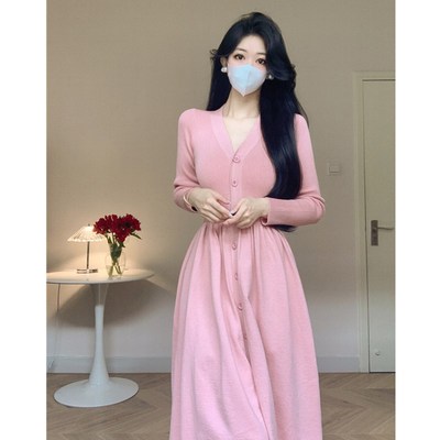 Amy的店A字裙针织纯色单排扣