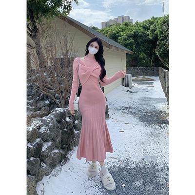 针织连衣裙纯色韩版交叉假两件