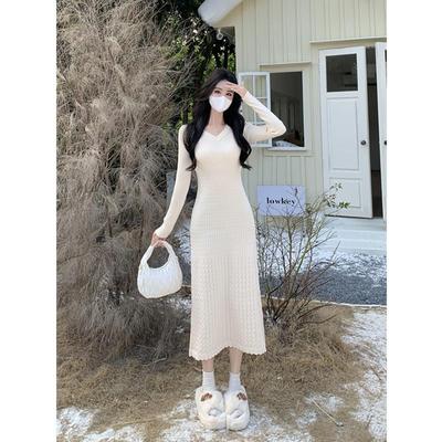 针织连衣裙纯色韩版花边毛衣裙女