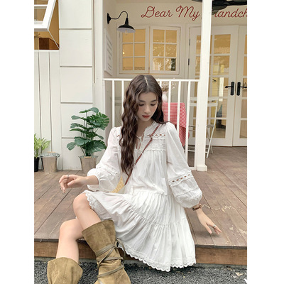 大码女装大佬法式温柔风镂空伪娘蕾丝性感cd变装男娘泡泡袖连衣裙