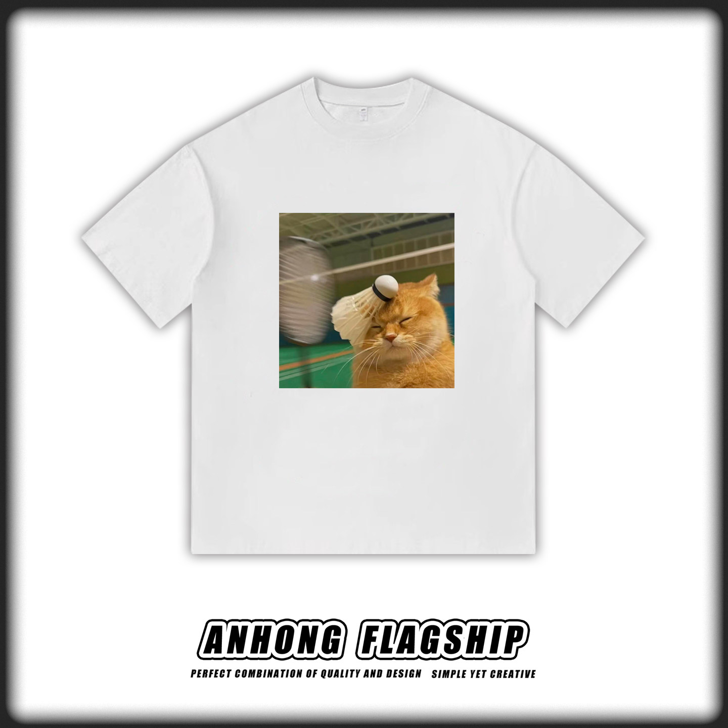 趣味猫猫打羽毛球可爱卡通表情美式直喷印花T恤重磅纯棉短袖男装