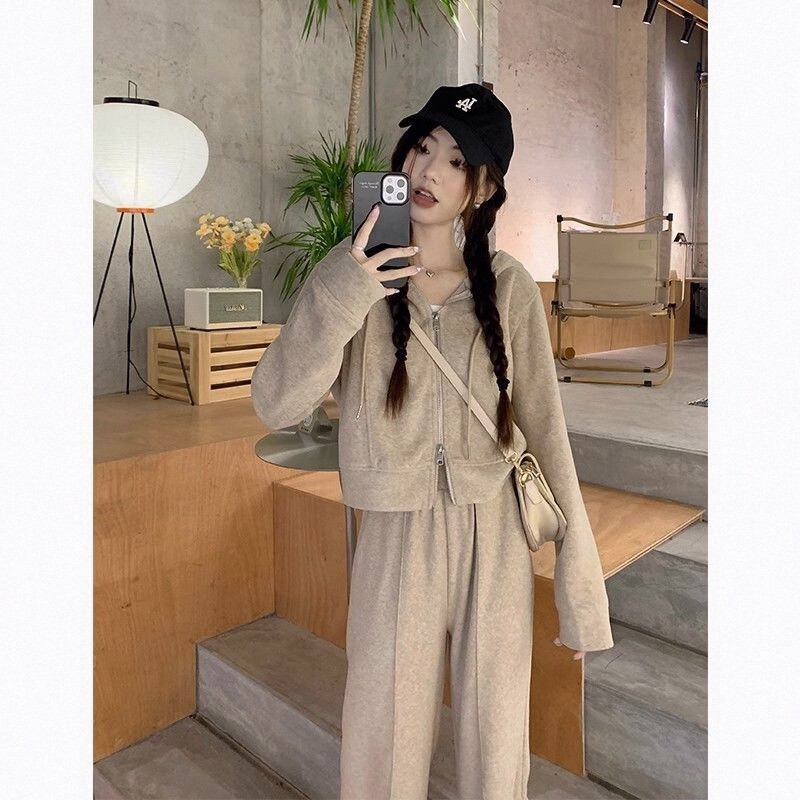 休闲春秋阔腿裤拉链卫衣潮运动休闲套装新款连帽宽松女两件套韩版
