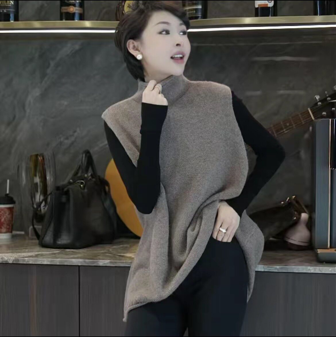 秋冬新款100%纯羊毛衫女高领无袖背心坎肩毛衣宽松显瘦针织打底衫