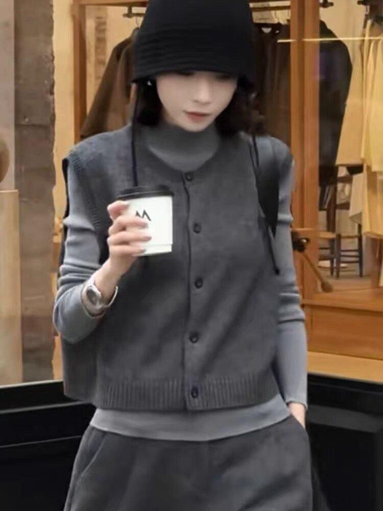 高端秋冬100%纯羊毛开衫马甲女宽松高级感叠穿无袖毛衣背心针织衫