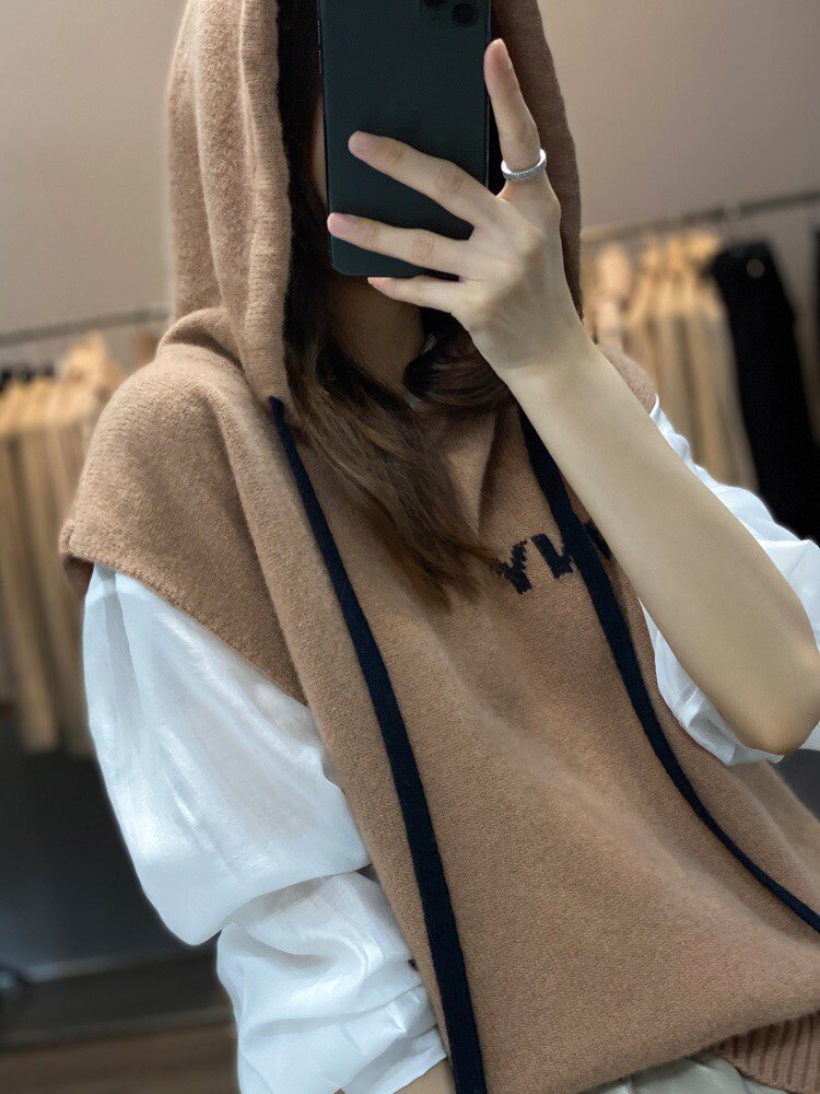 秋冬新款100%纯羊毛针织马甲女背心连帽宽松休闲坎肩无袖大码毛衣