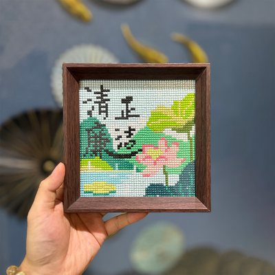 带框荷花清正廉洁钻石画满钻