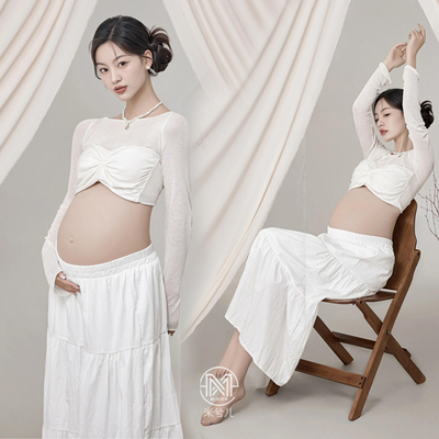 纯欲风白色半身裙孕妇拍照服装