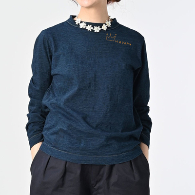 日系新品刺绣皇冠字母靛蓝竹节棉长袖T恤百搭宽松上衣Ctrl C 45r