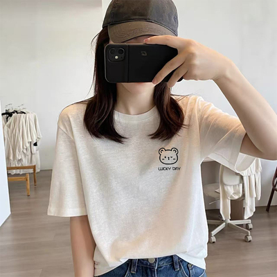 夏季新款雪花棉圆领t恤短袖女装洋气休闲印花大码宽松打底衫上衣