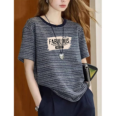 春夏新款条纹撞色圆领短袖t恤女小众休闲大码宽松设计感胖mm上衣