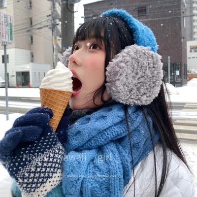 冬季氛围感蓝灰色羊羔毛耳套