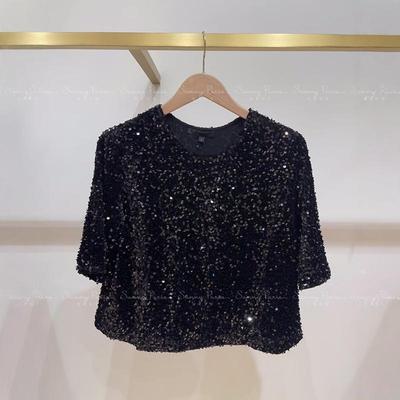 24秋冬Mj*法式闪闪亮片短袖圆领宽松T恤针织衫上衣