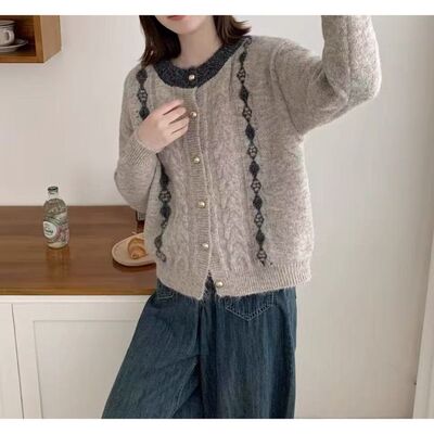 韩系圆领复古601155-3菱格提花针织开衫秋冬新款外套学院单排毛衣