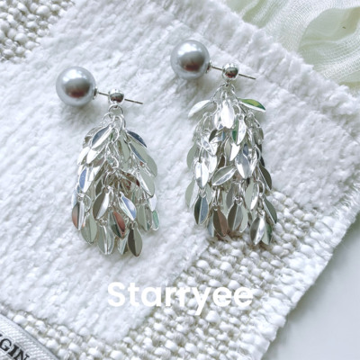 Starryee灰色珍珠长流苏耳饰女