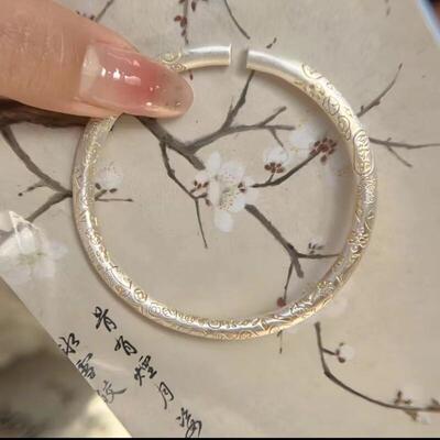 足银9999纯银描金圆肚吉言心经开口银手镯祝福语招财猫手镯送礼物