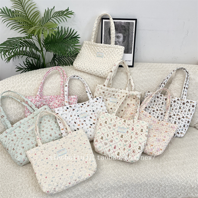 小白兔几卡通印花绗缝夹棉包包单肩棉布袋女横款大容量手提帆布袋