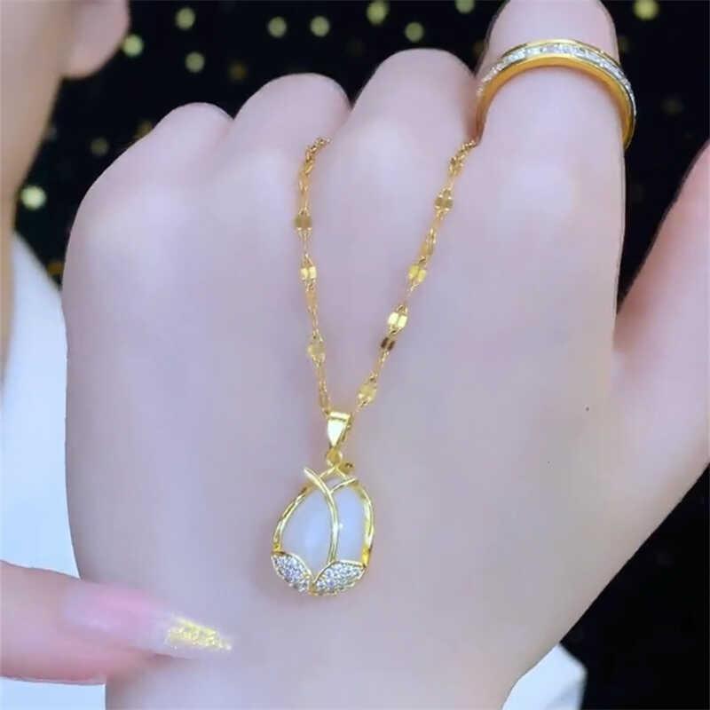 钛钢不掉色猫眼石郁金香项链女精致轻奢设计感颈链百搭气质锁骨链