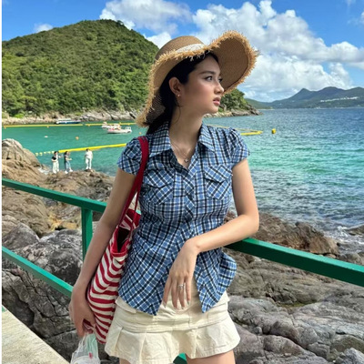 蓝色格子衬衫女短袖夏新款掐腰