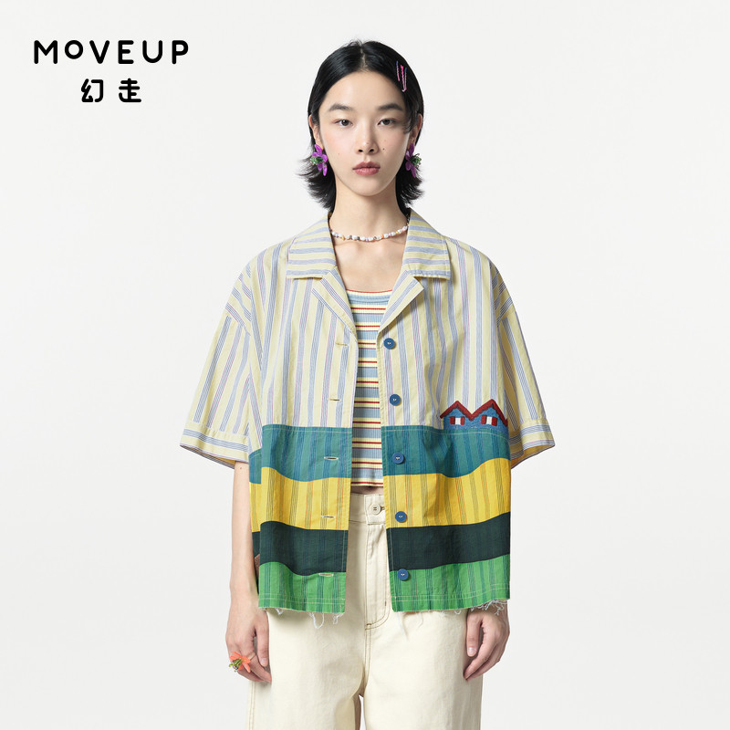 MOVEUP幻走2024春季新款.FUN系列条纹印花设计师纯棉短款衬衫女