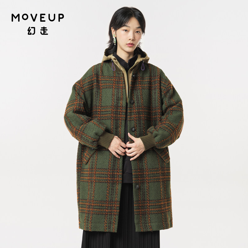 MOVEUP幻走2023冬季新款棒球领绣花加厚格子大衣长款毛呢外套女
