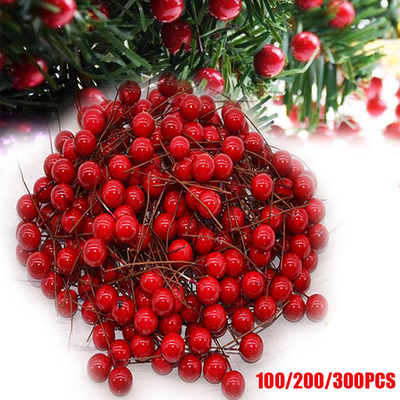 100/200/300PCS Christmas Red Holly Berries Artificial Flower