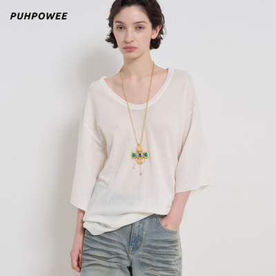 高标~深U领宽松针织Tee上衣女