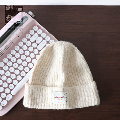 简约布标毛线针织帽女包头毛线帽