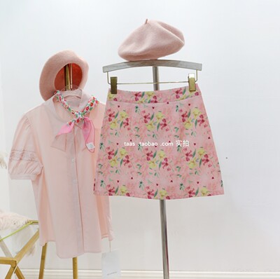 粉色法式碎花显瘦A字短裙