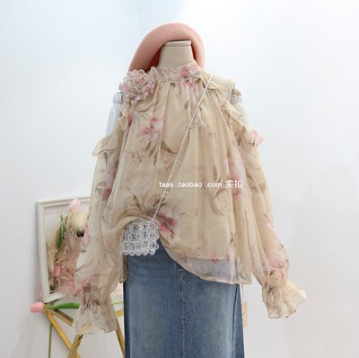 春夏法式碎花挂脖荷叶边雪纺衫