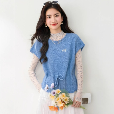 蓝色小飞袖针织衫女2026春夏新款设计感系带收腰坎肩叠穿背心上衣