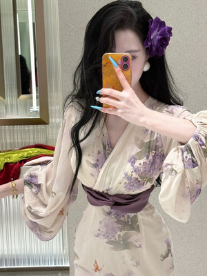Mimo dk氛围感神明少女碎花连衣裙显瘦温柔仙气v领长裙 墨染紫梦